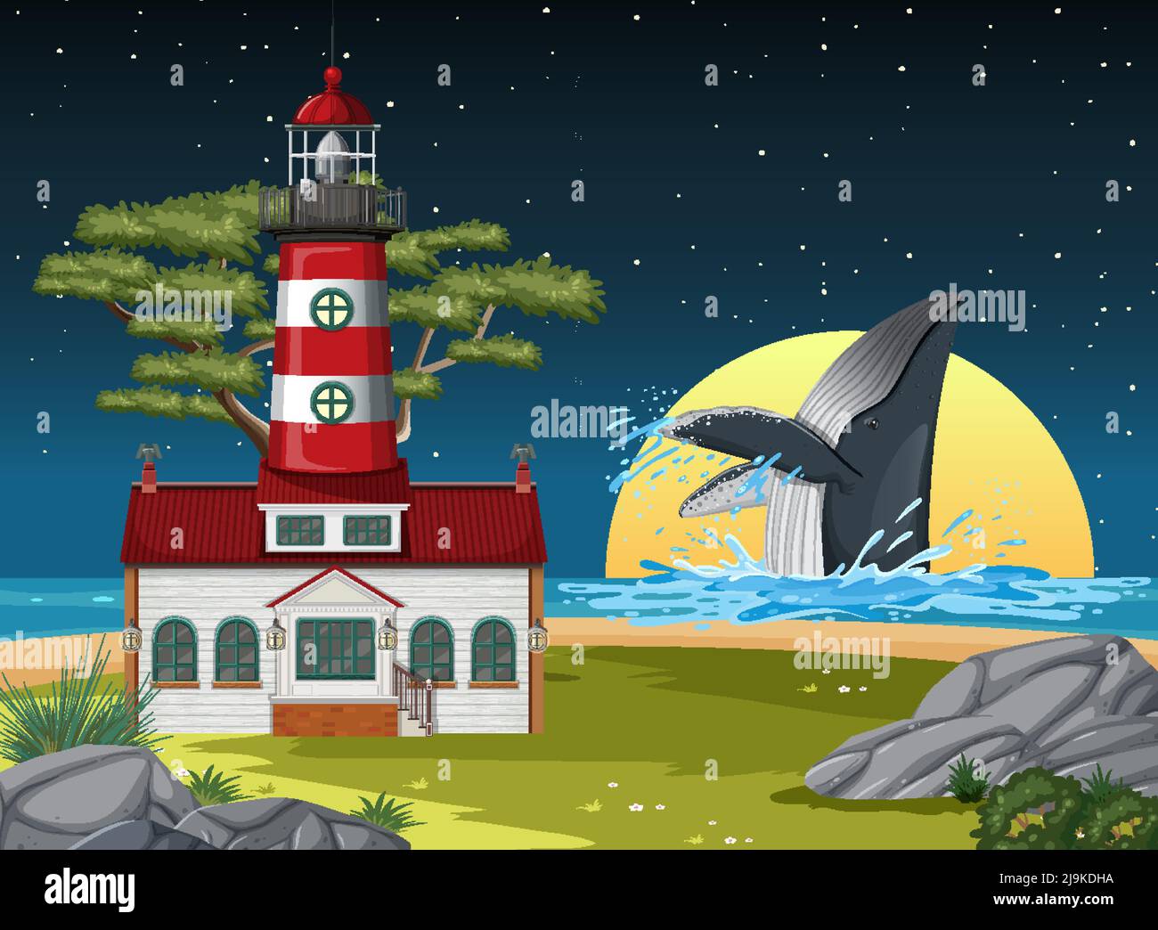 Lighthouse at night scene illustration Stock Vector Image & Art - Alamy
