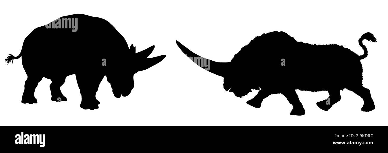 Prehistoric rhinos - elasmotherium and arsinoitherium. Drawing with ...
