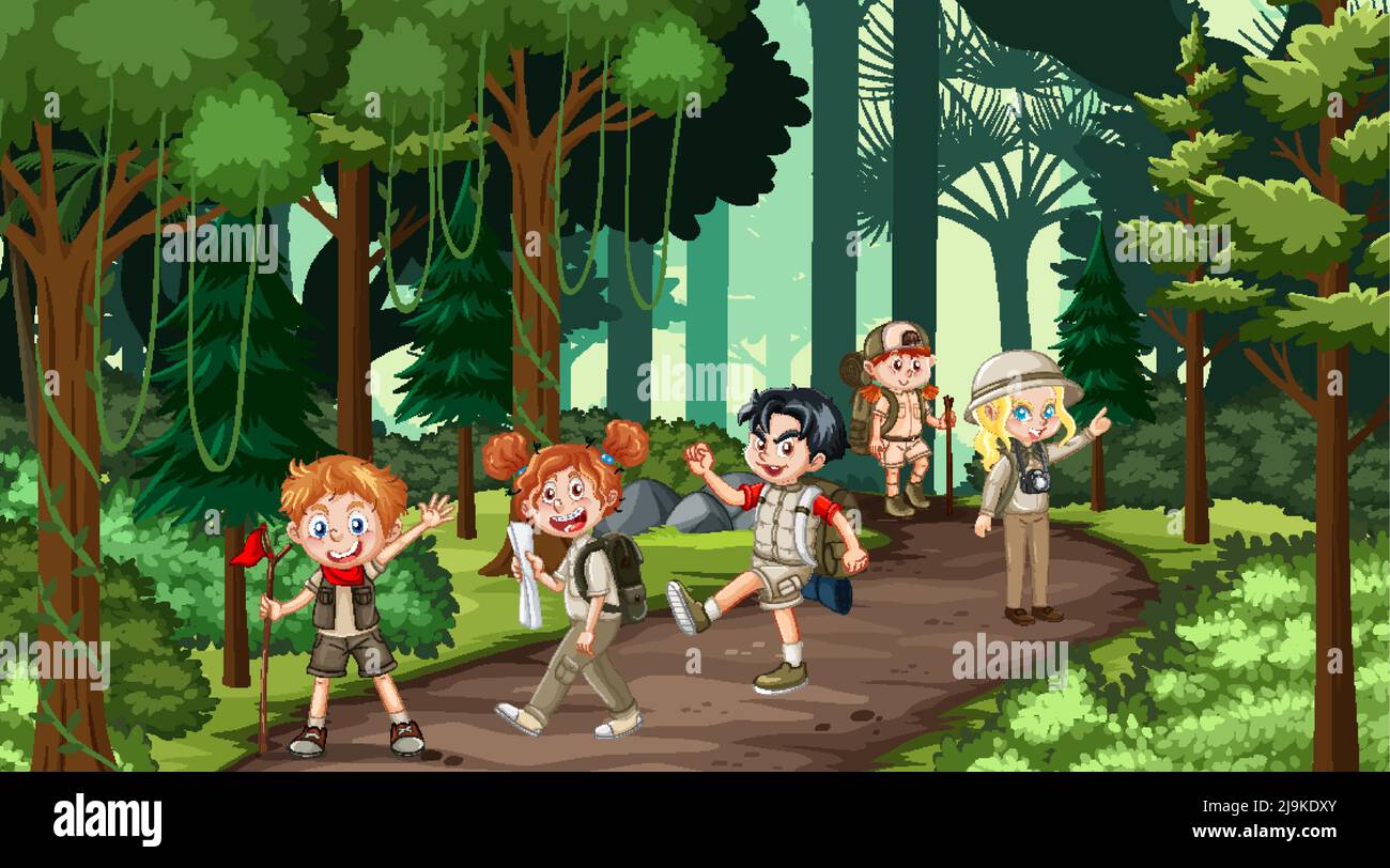 Children hiking in the forest illustration Stock Vector Image & Art - Alamy