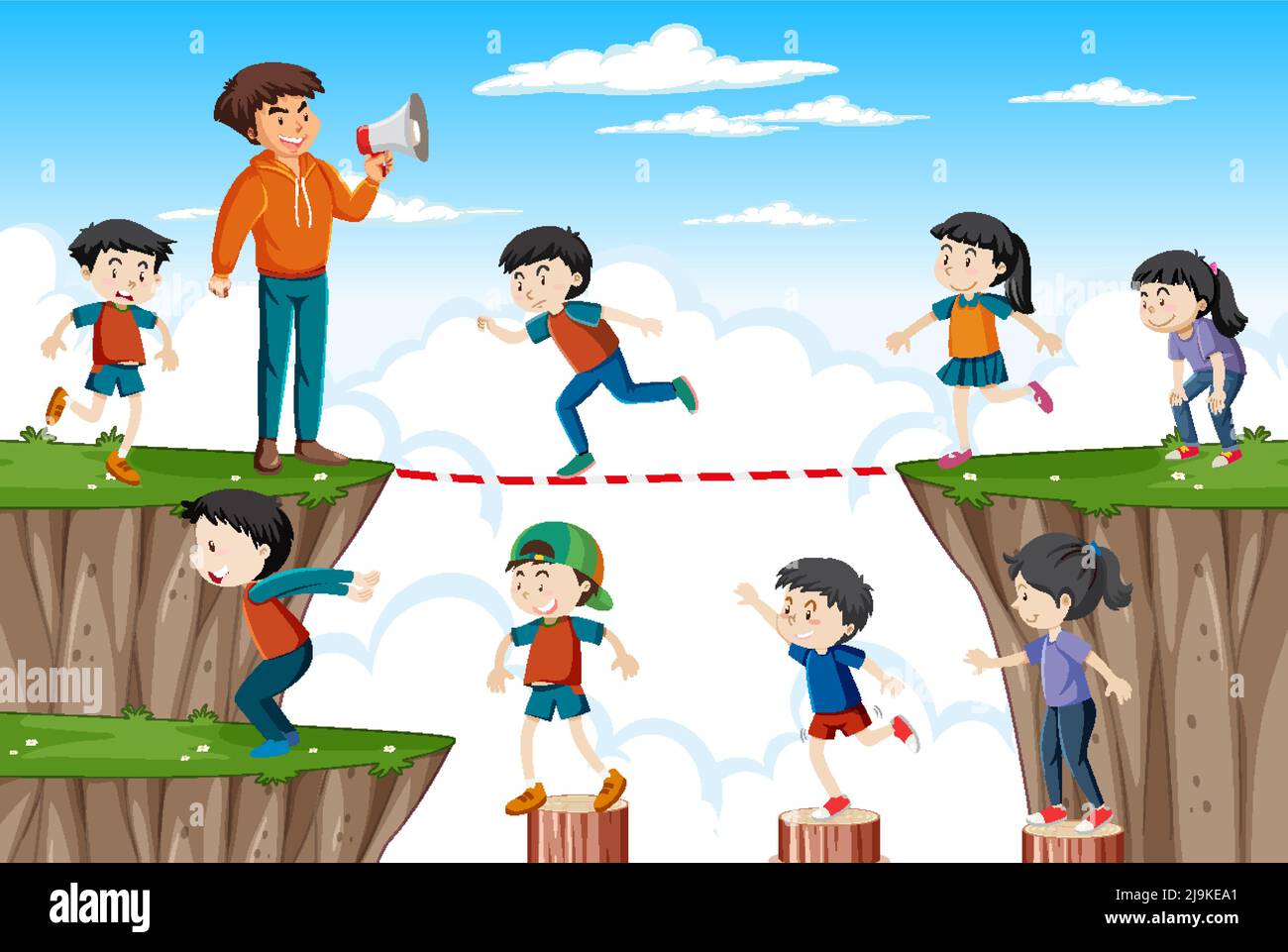 Outdoor scene with children balancing walking game illustration Stock ...