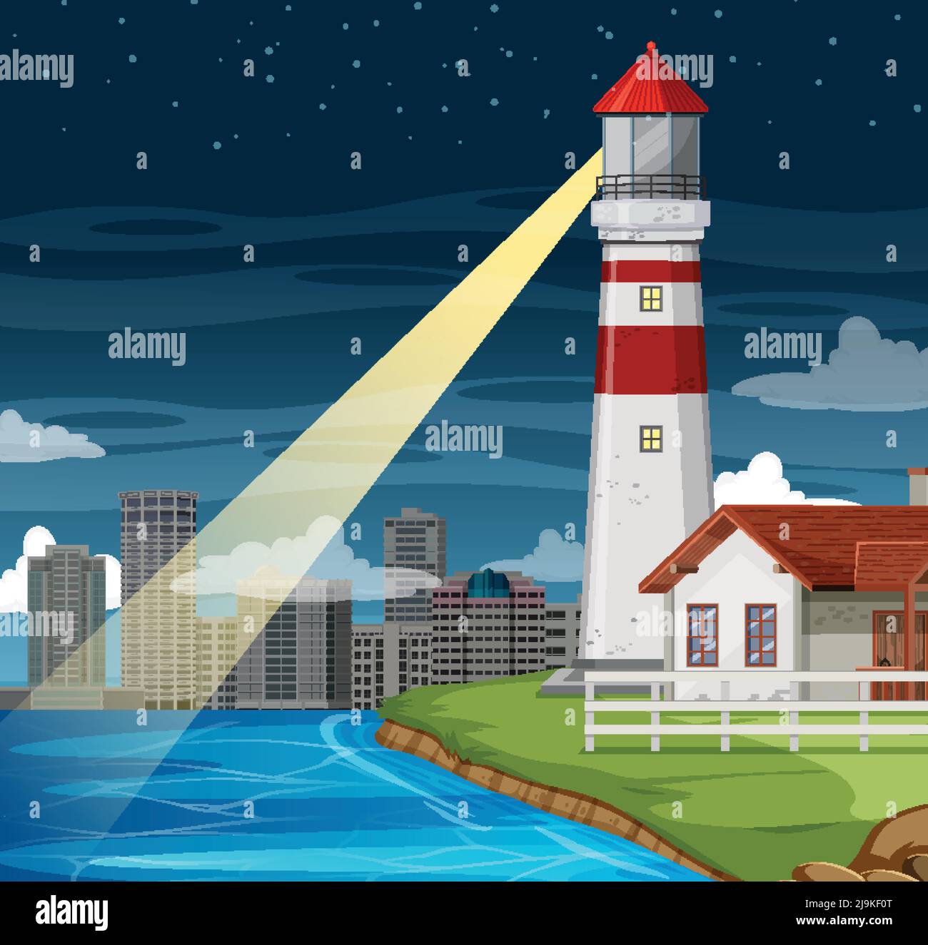 Lighthouse at night scene illustration Stock Vector Image & Art - Alamy