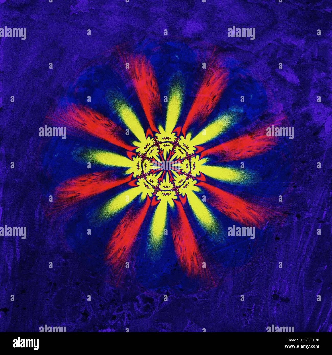 Digital painting of a red and yellow floral shape on a textured blue ...
