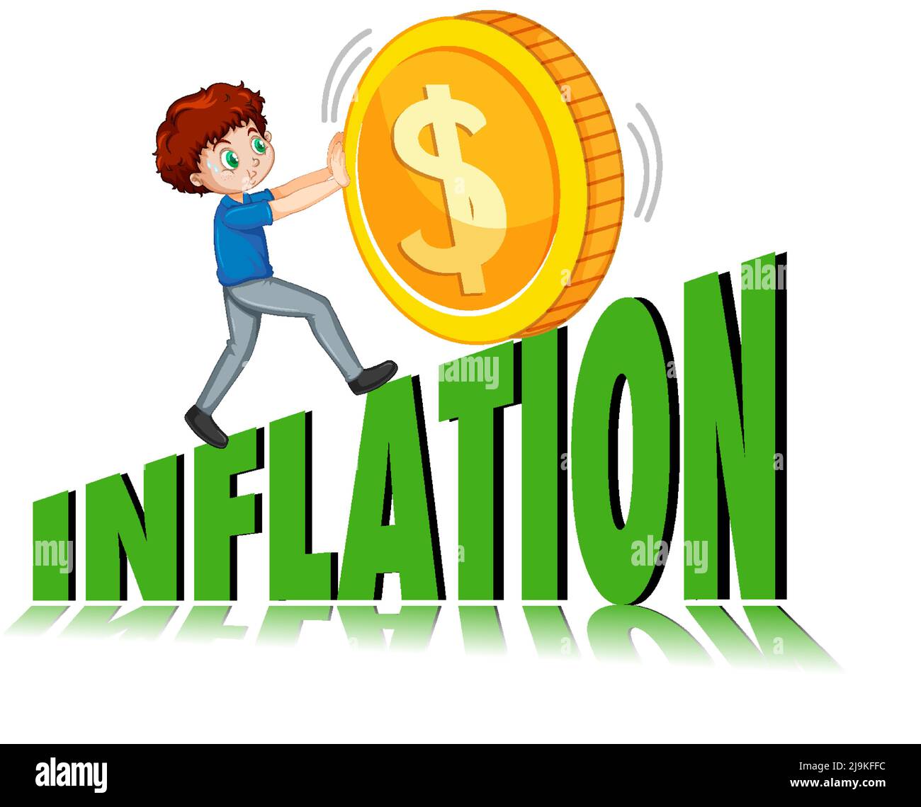 A boy pushing coin and walking on inflation logo illustration Stock ...