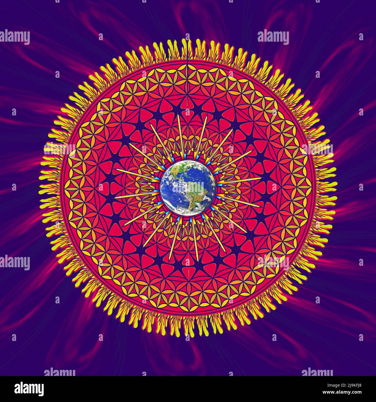 Digital art mandala in golden and magenta tones, with the planet Earth ...