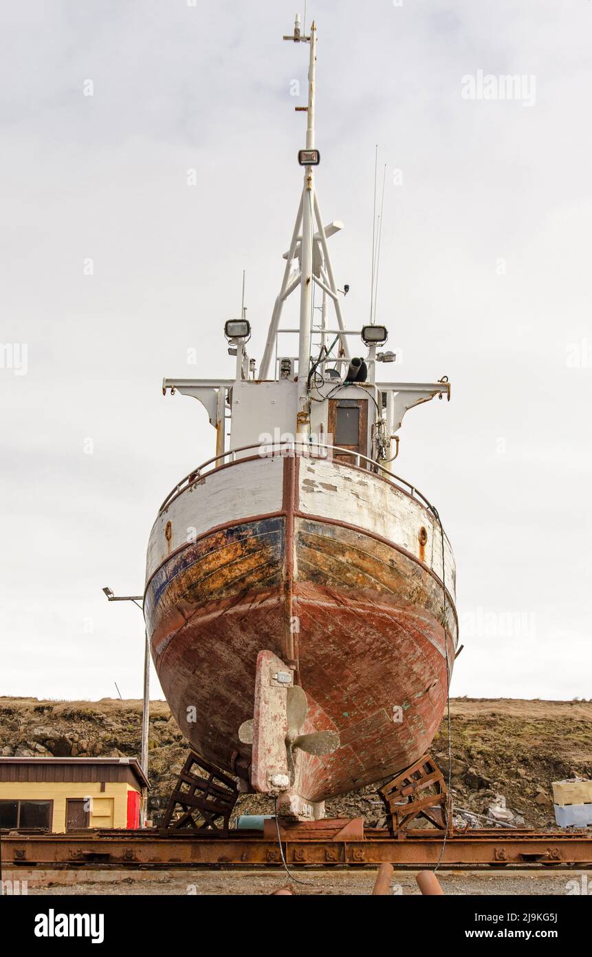 Stykkisholmur, Iceland, May 3, 2022: stern view of a boat with a wooden ...