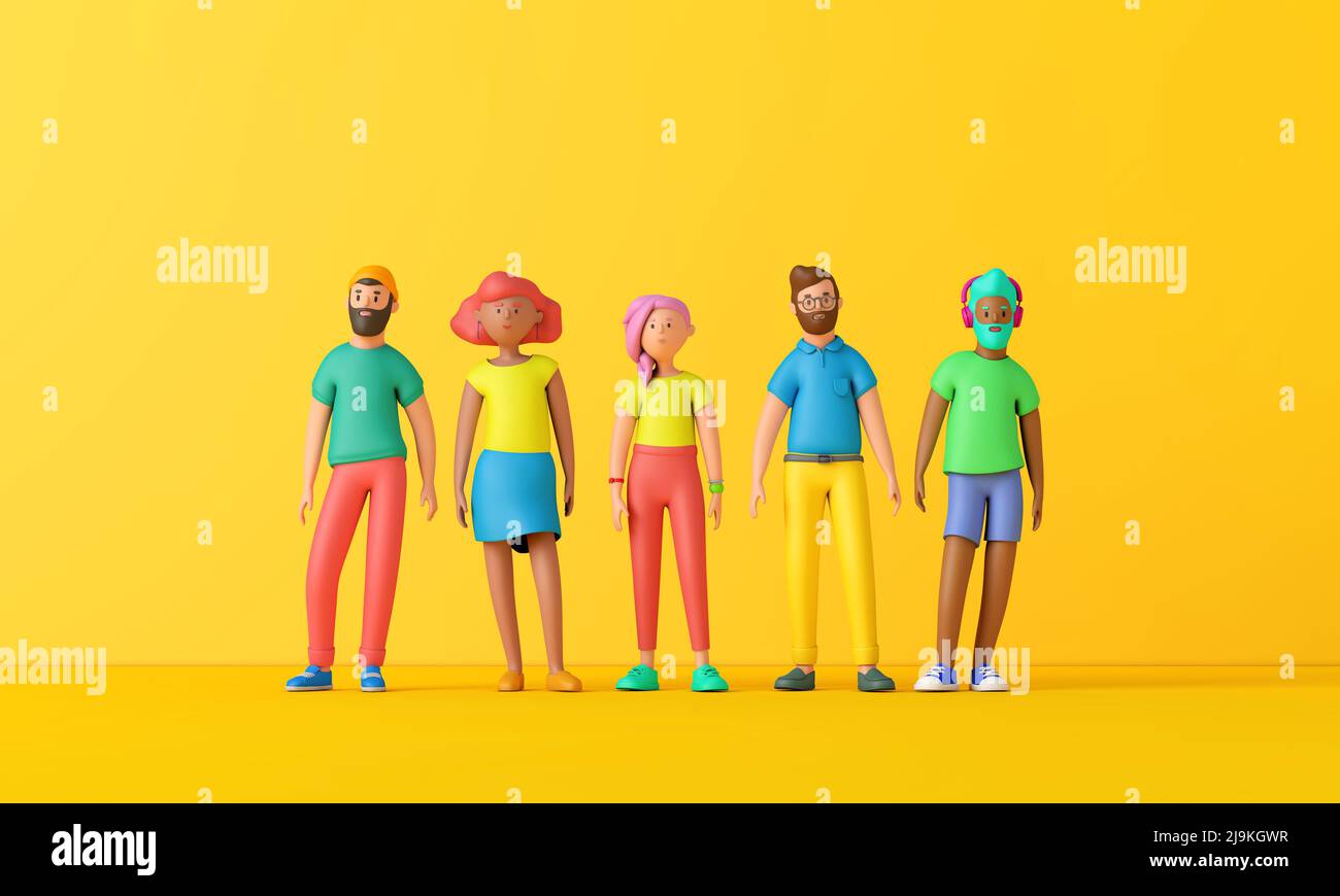 Group of diverse people standing together. 3D cartoon character style ...