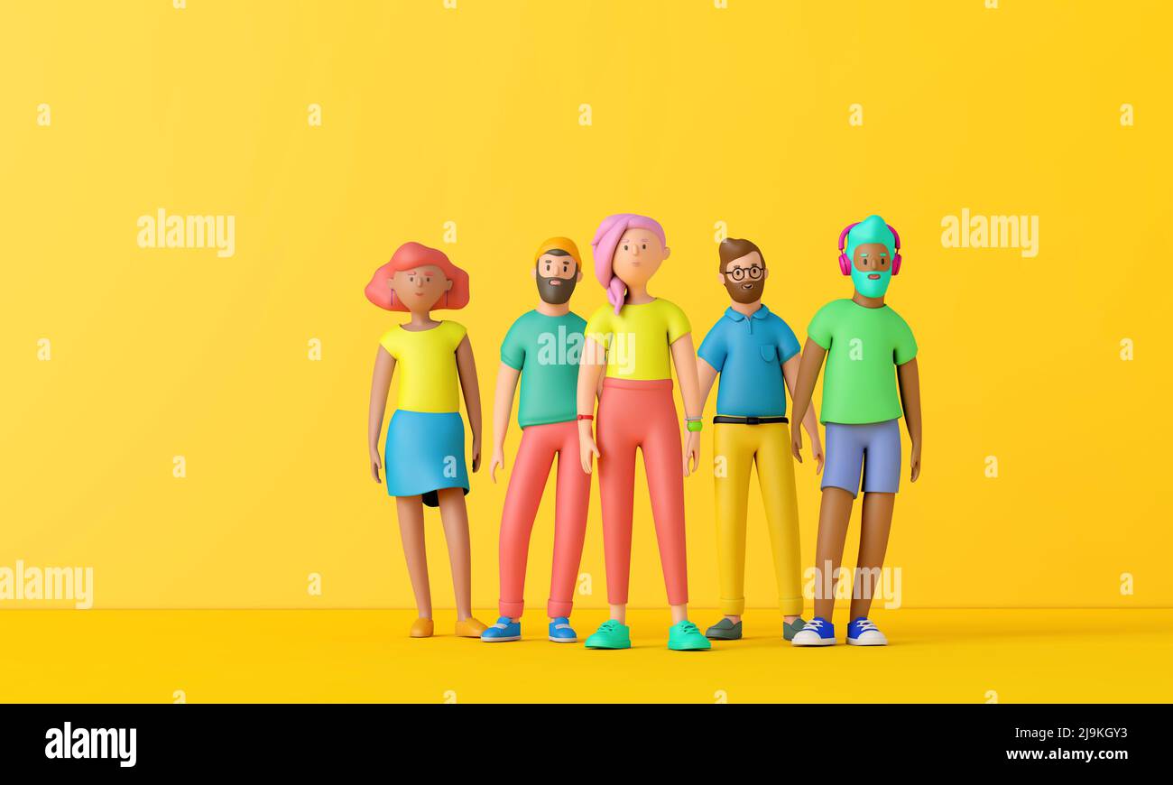 Group of diverse people standing together. 3D cartoon character style ...