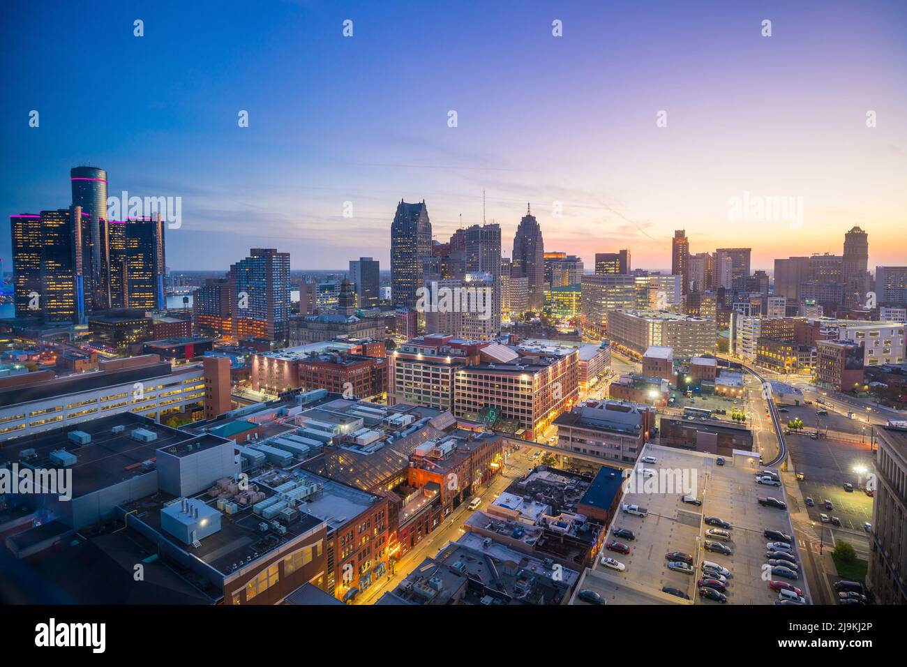 Aerial view of downtown Detroit at twilight in Michigan USA Stock Photo ...