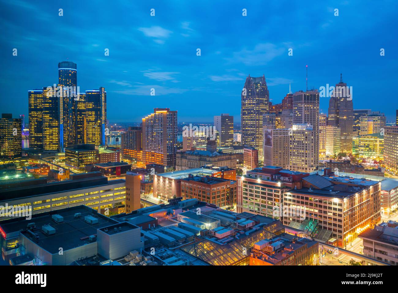 Aerial view of downtown Detroit at twilight in Michigan USA Stock Photo ...