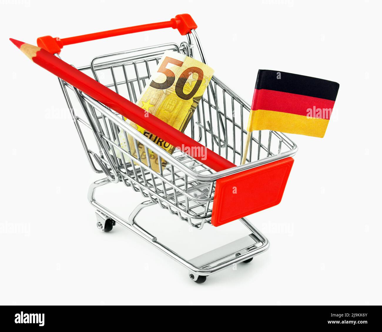 Shopping cart and 50 Euro with red pencil and German flag on white ...