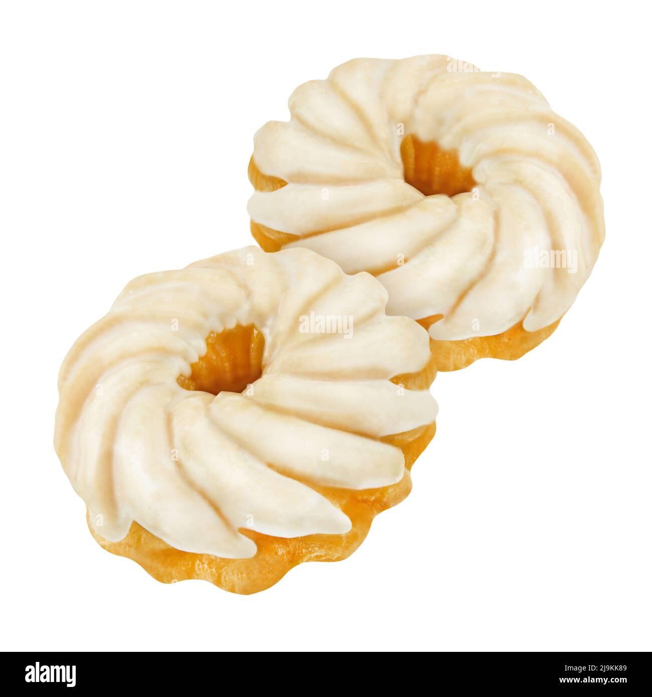 2 German doughnut cruller with sugar icing isolated against white ...