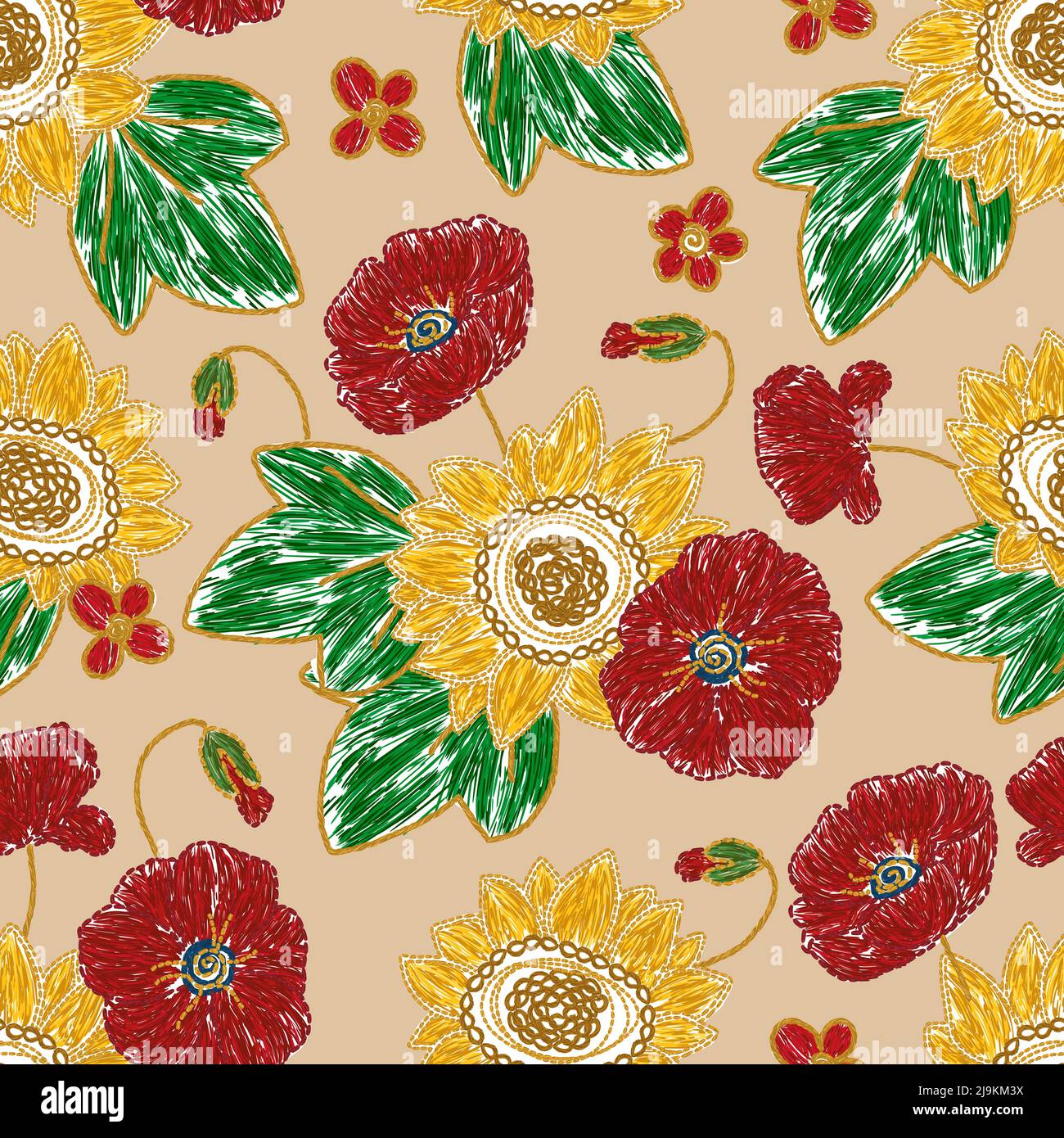 Ukrainian sunflower and poppy floral flower embroidery seamless pattern ...