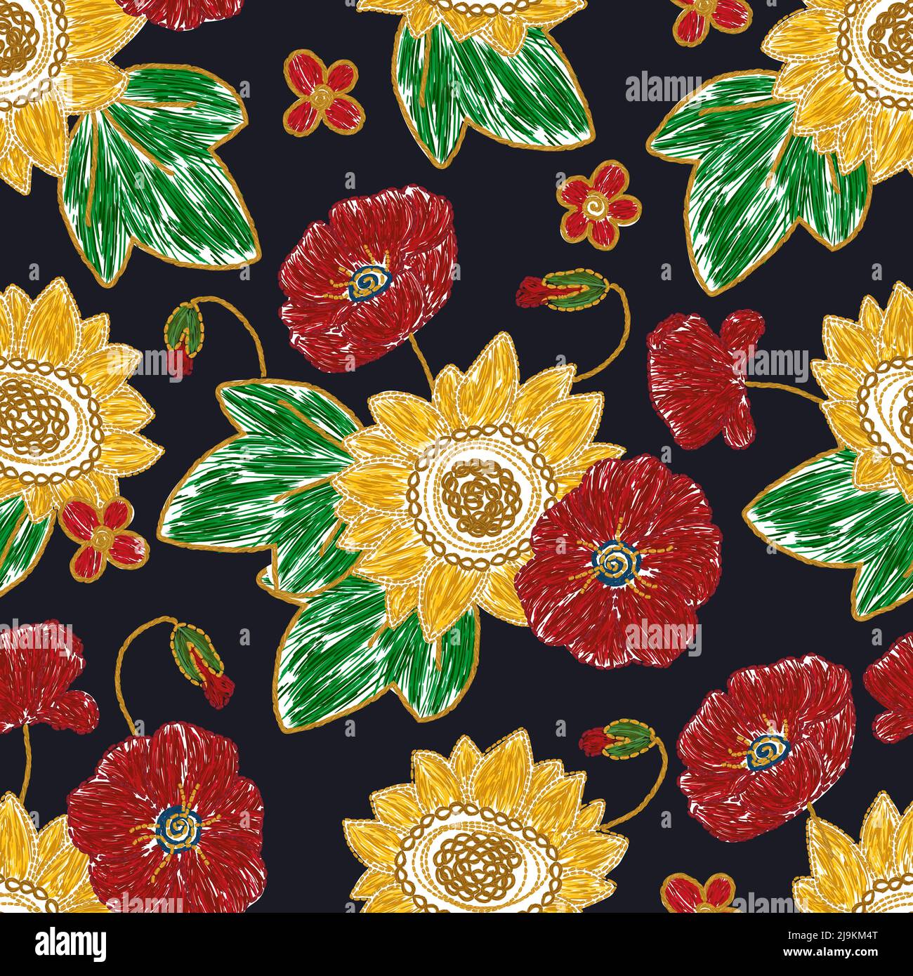 Ukrainian sunflower and poppy floral flower embroidery seamless pattern ...