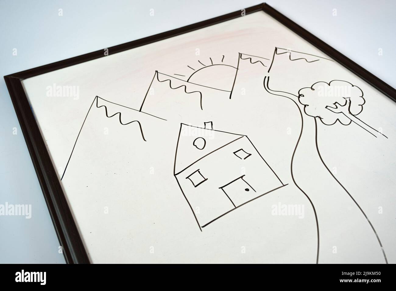 Hand drew house and river with black color marker on whiteboard ...