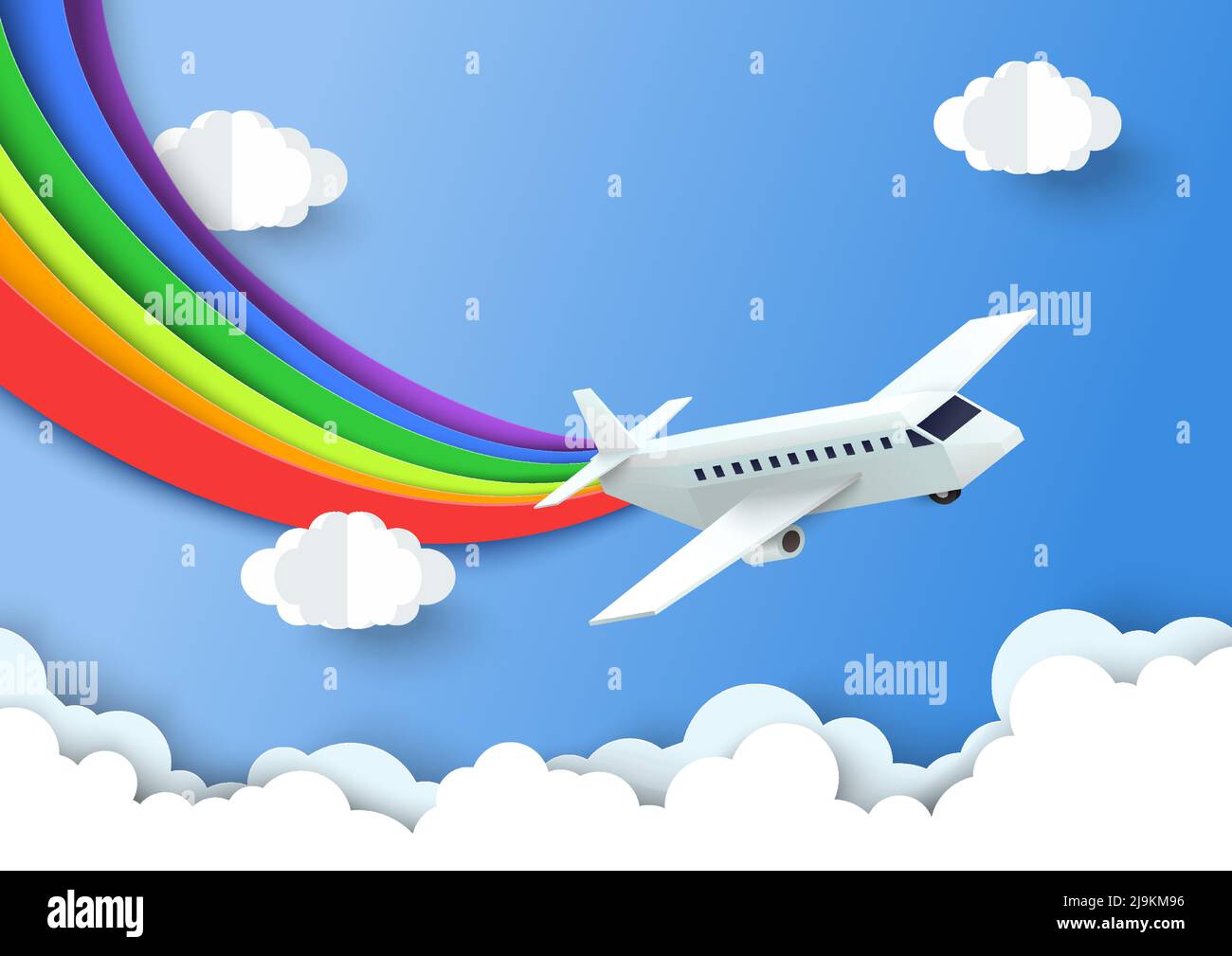 Airplane in sky drawing rainbow over cloud vector illustration ...