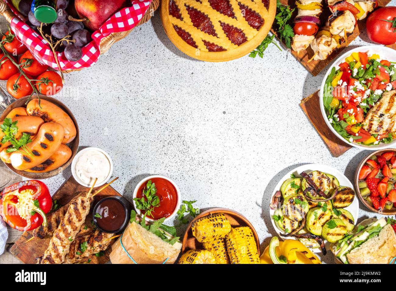 Various picnic barbeque food and drink flatlay. Summer bbq picnic food ...