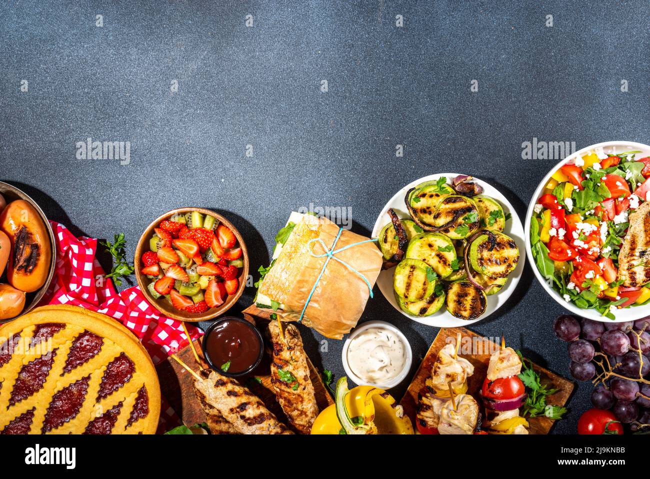 Various picnic barbeque food and drink flatlay. Summer bbq picnic food ...