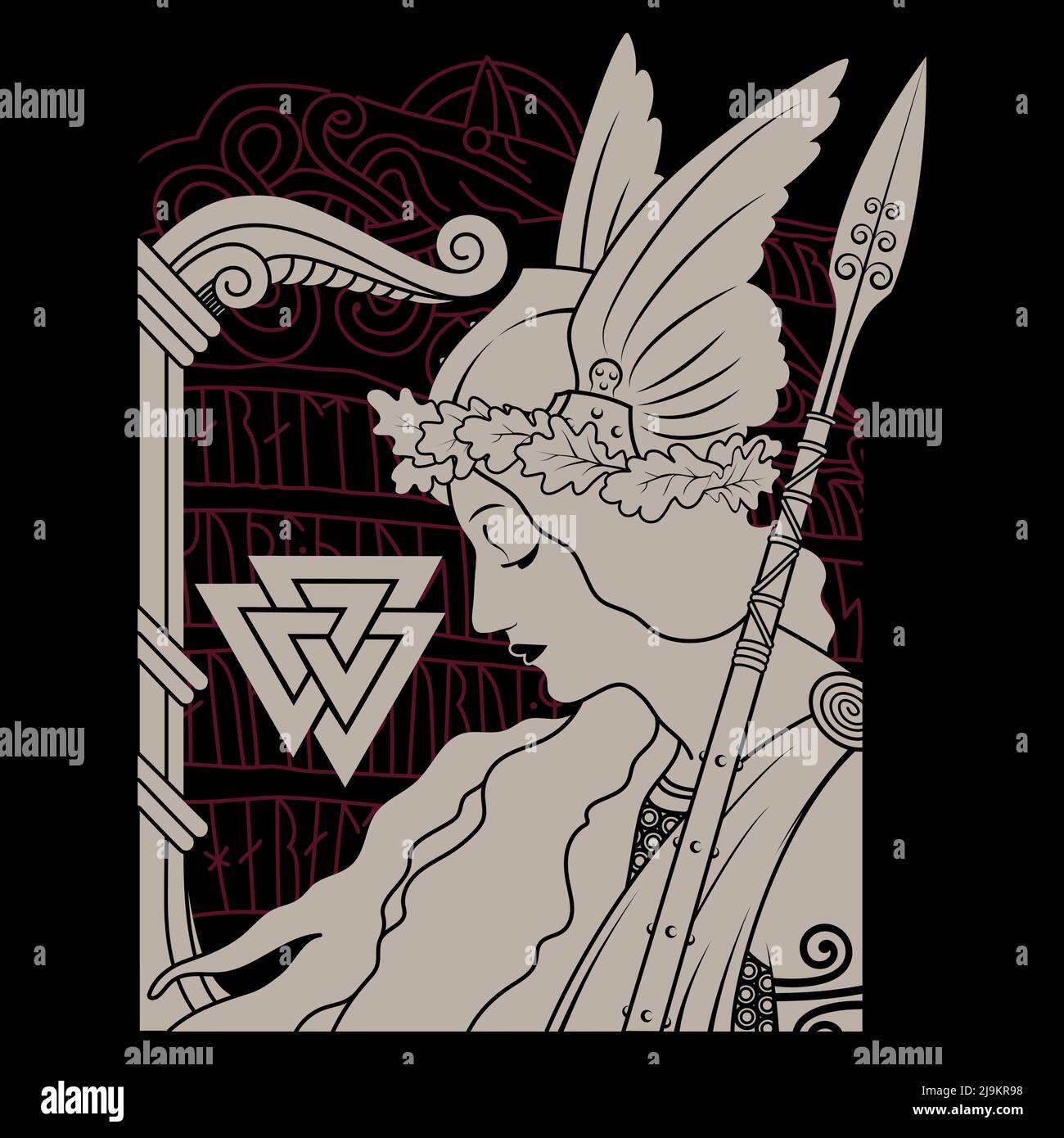 Valkyrie and Norse runes, illustration to Scandinavian mythology, drawn ...