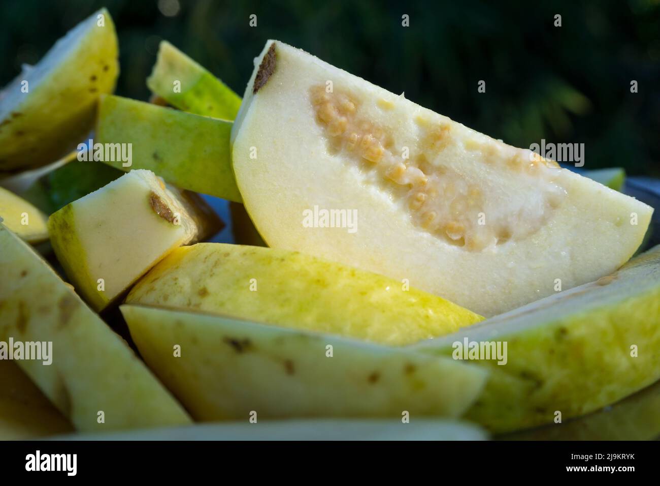 A close up shot of guava salad served with Indian mixed spices green ...