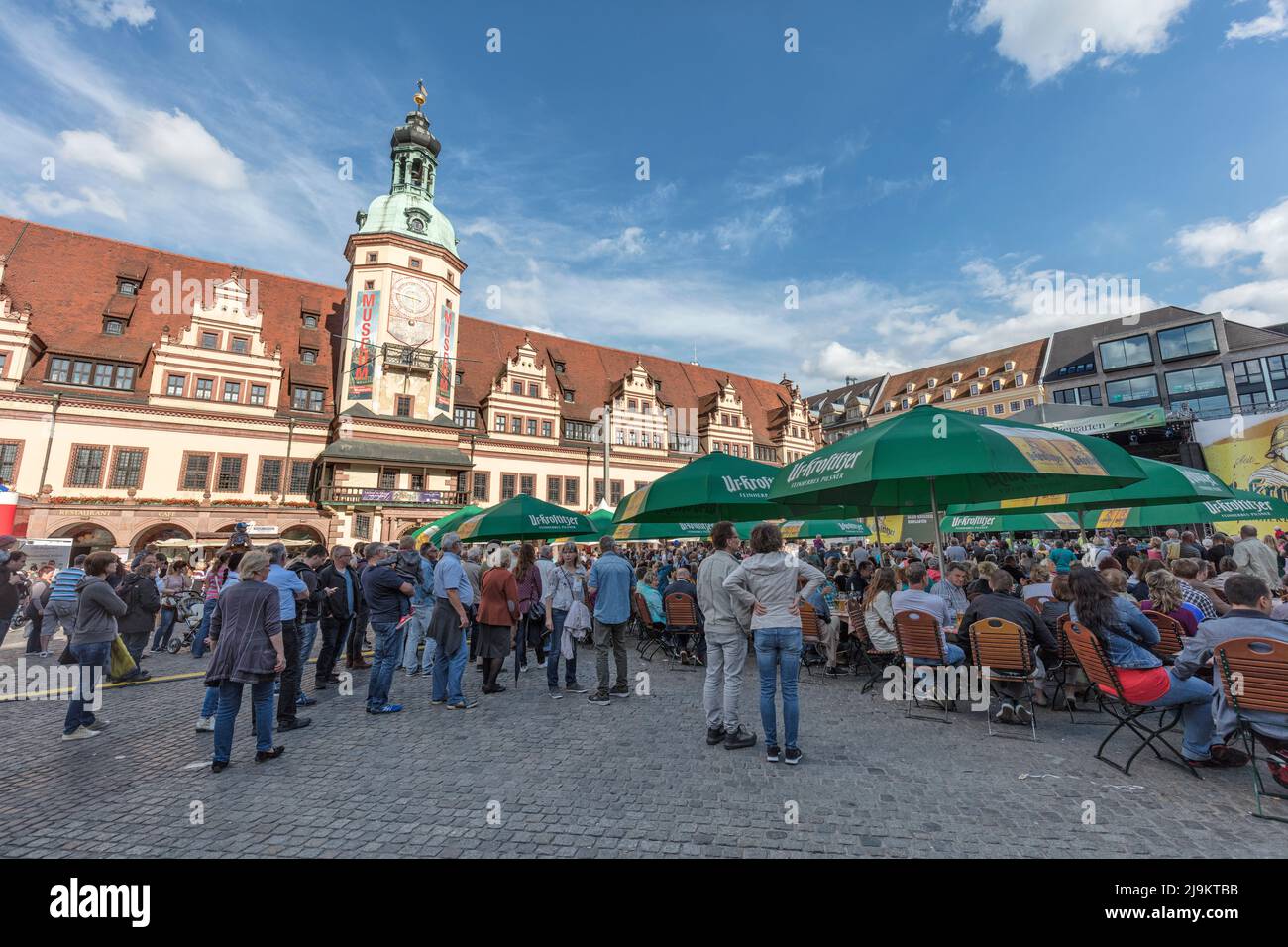 People in cafes by Leipzig's renaissance old town hall (Altes Rathaus ...