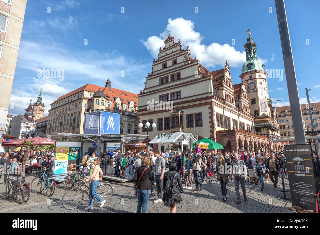 People in cafes by Leipzig's renaissance old town hall (Altes Rathaus ...