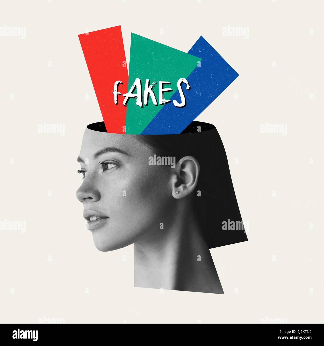 Contemporary art collage. Young female head with appearing fakes ...