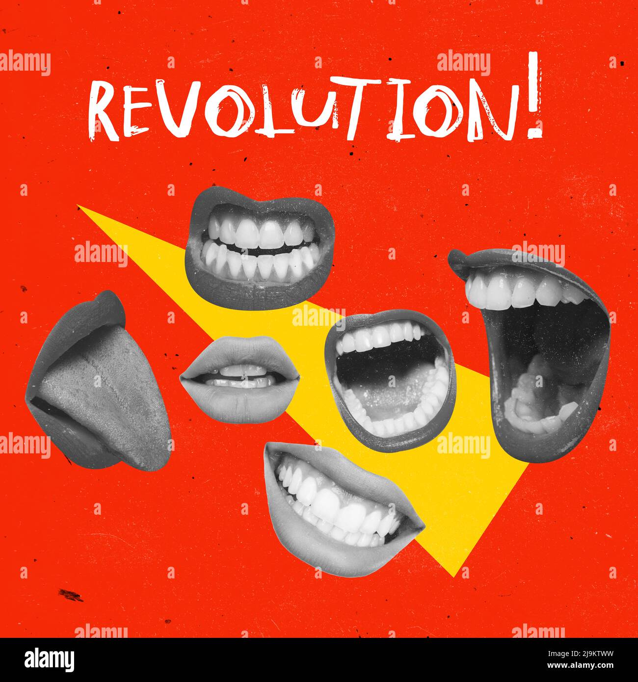 Contemporary art collage. Many female mouths shouting fake news, making ...