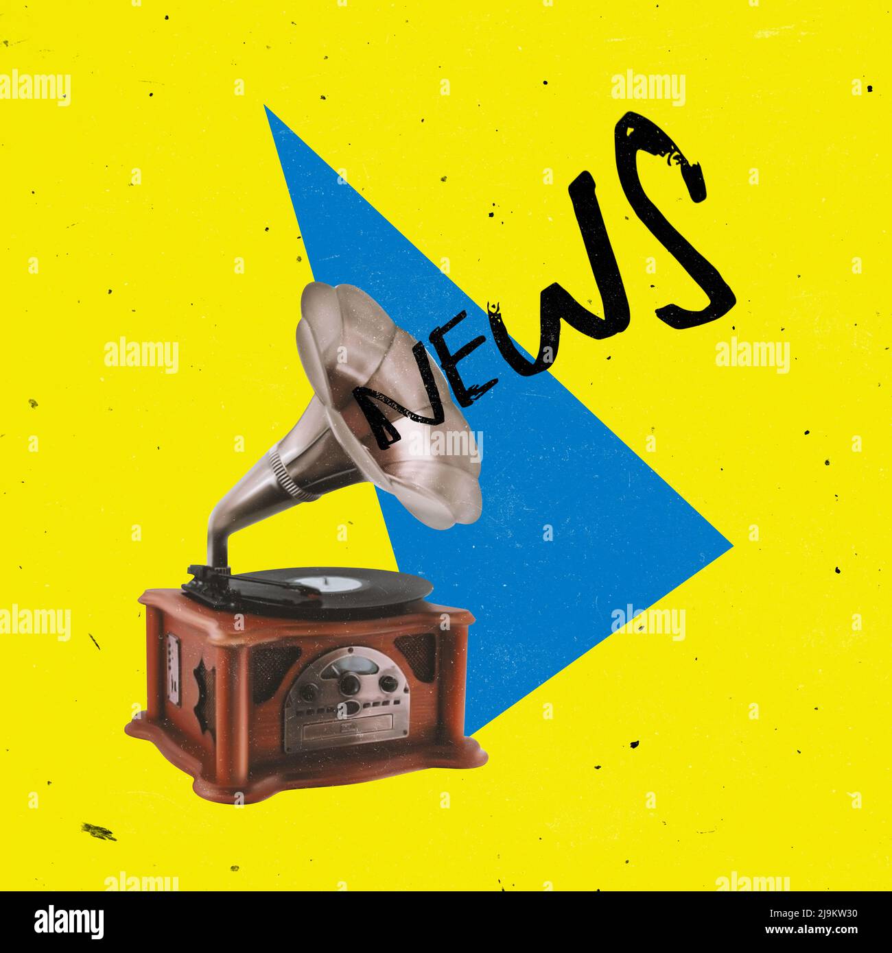 Contemporary art collage. Retro gramophone playing, spreading news ...