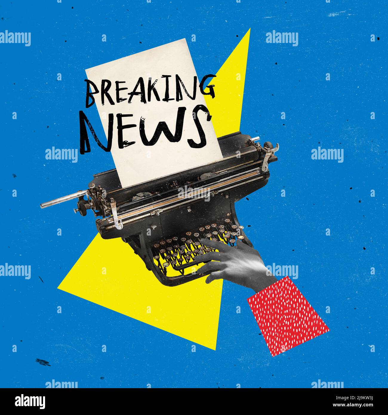 Contemporary art collage. Retro typewriter typing paper with breaking ...