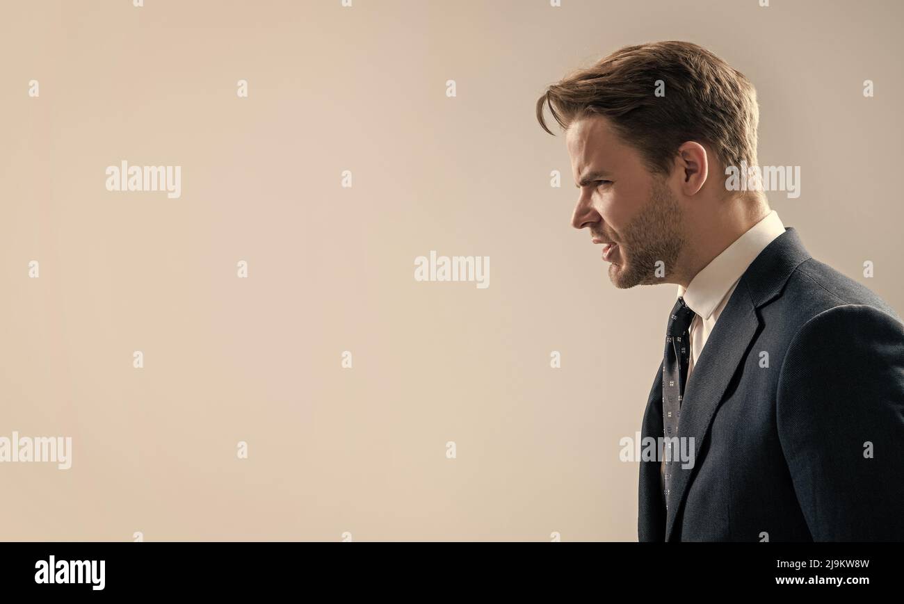 Hes really angry. Angry boss grey background. Professional man show ...