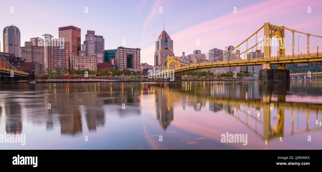 Panorama of downtown Pittsburgh skyline at twilight Stock Photo - Alamy