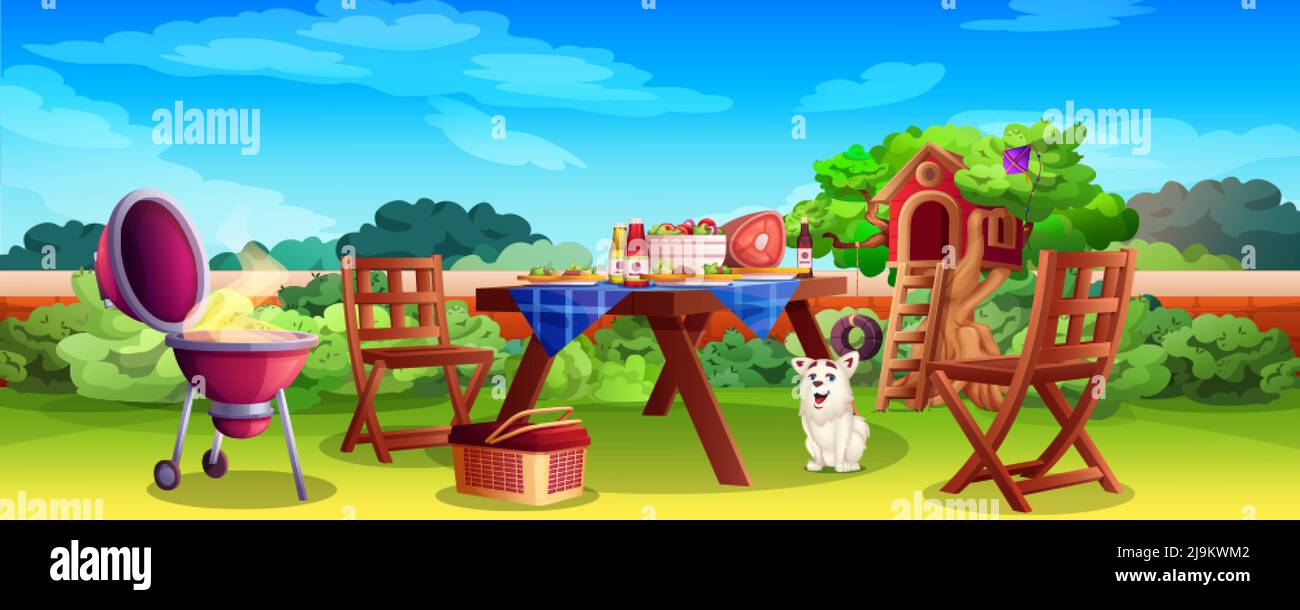 Cartoon barbecue outdoor grill party in backyard. Summer picnic with ...