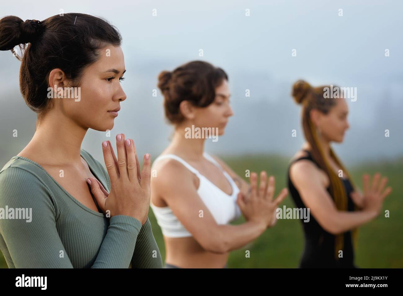 Crop of young brunette female near blurring girls putting palms ...