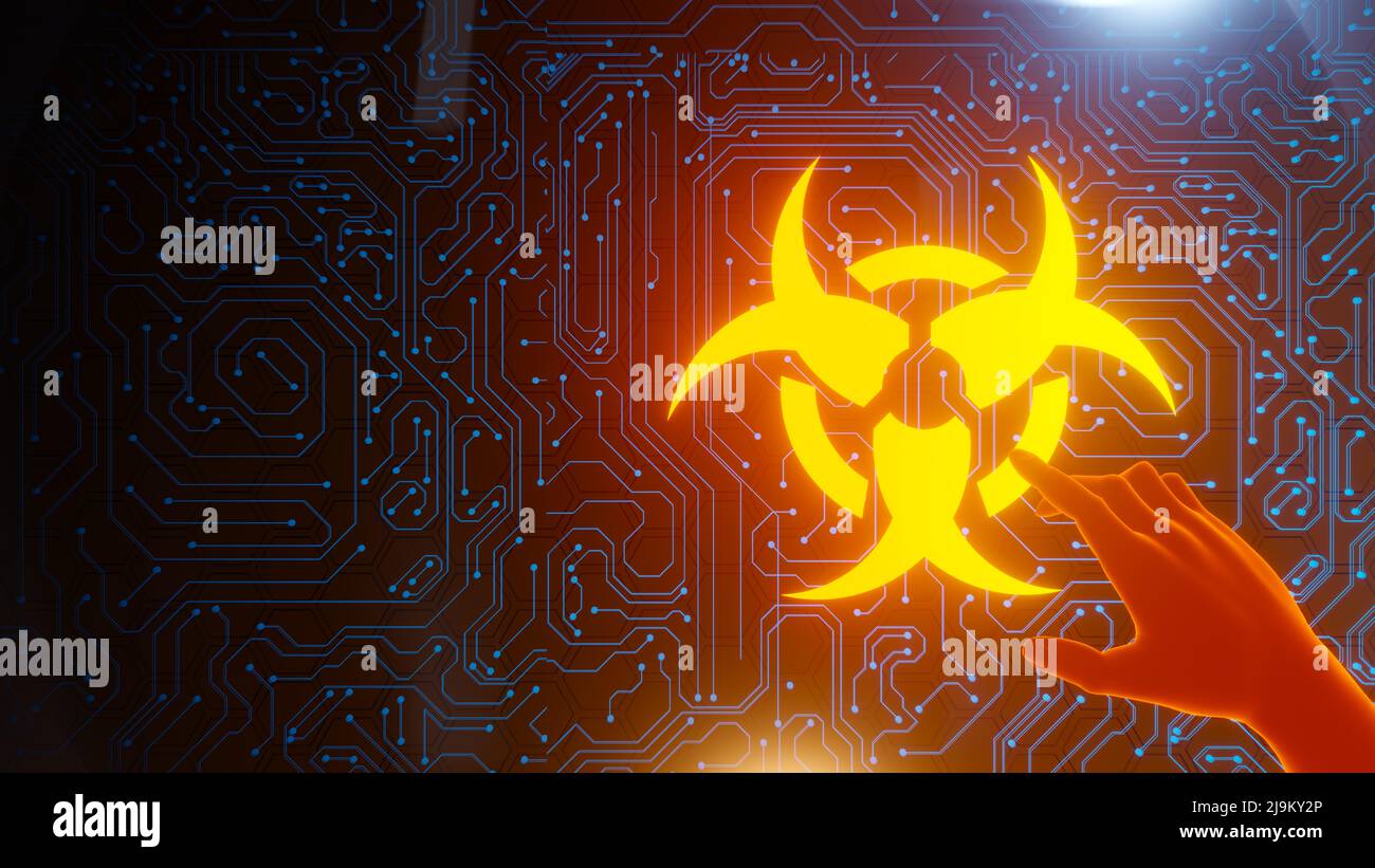 biohazard warning symbol glowing and hand pointing or pressing 3d ...