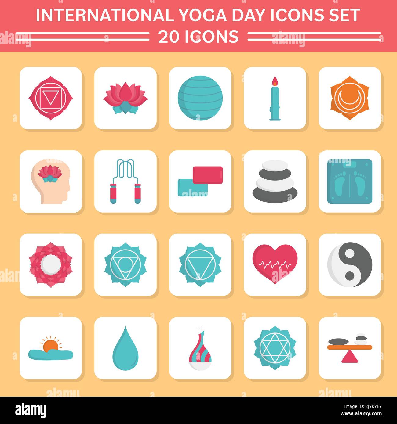Illustration Of Colorful International Yoga Day 20 Icon Set In Flat ...