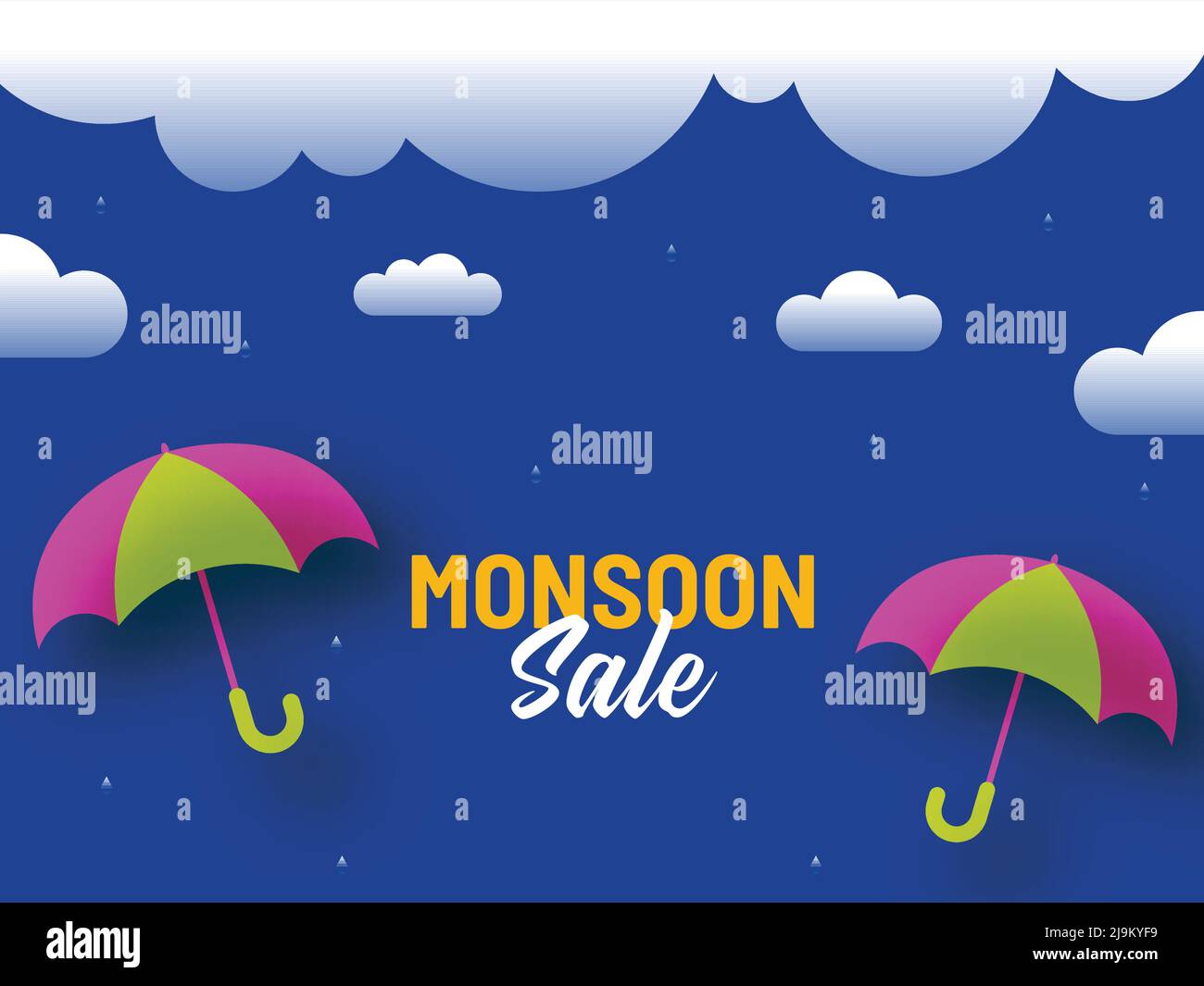 Monsoon Sale Poster Design With Two Umbrella, Water Drops And Clouds On ...