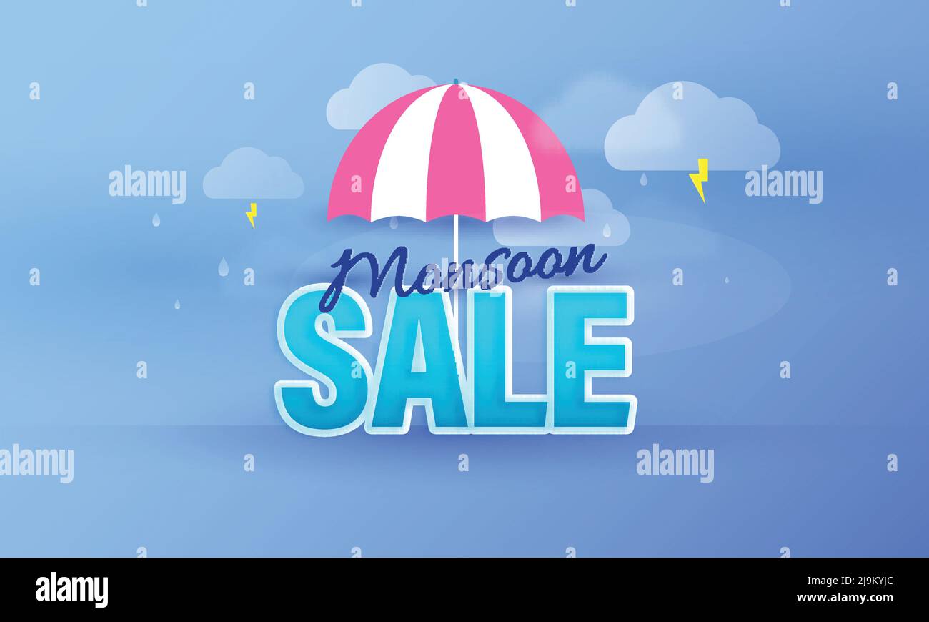 Monsoon Sale Banner Design With Umbrella, Thunderstorms On Blue ...