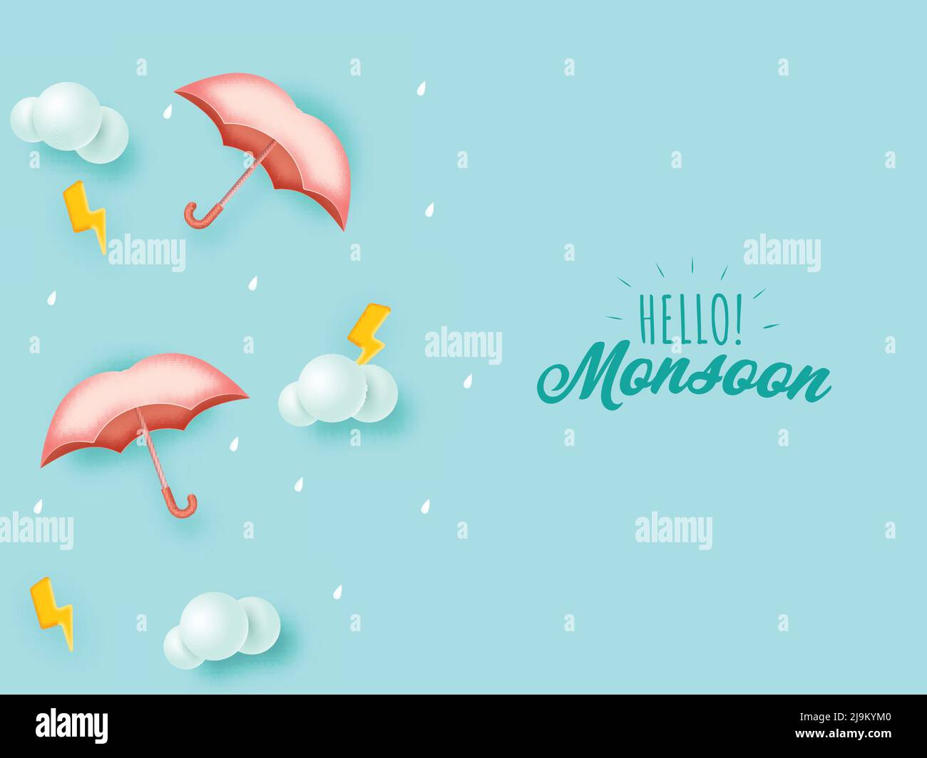Hello! Monsoon Font With 3D Umbrella, Clouds, Lightning Bolt And Drops ...