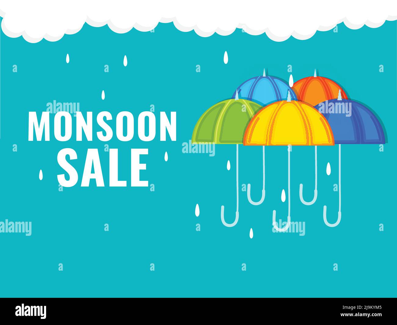 Monsoon Sale Poster Design With Five Color Umbrella, Water Drops On ...