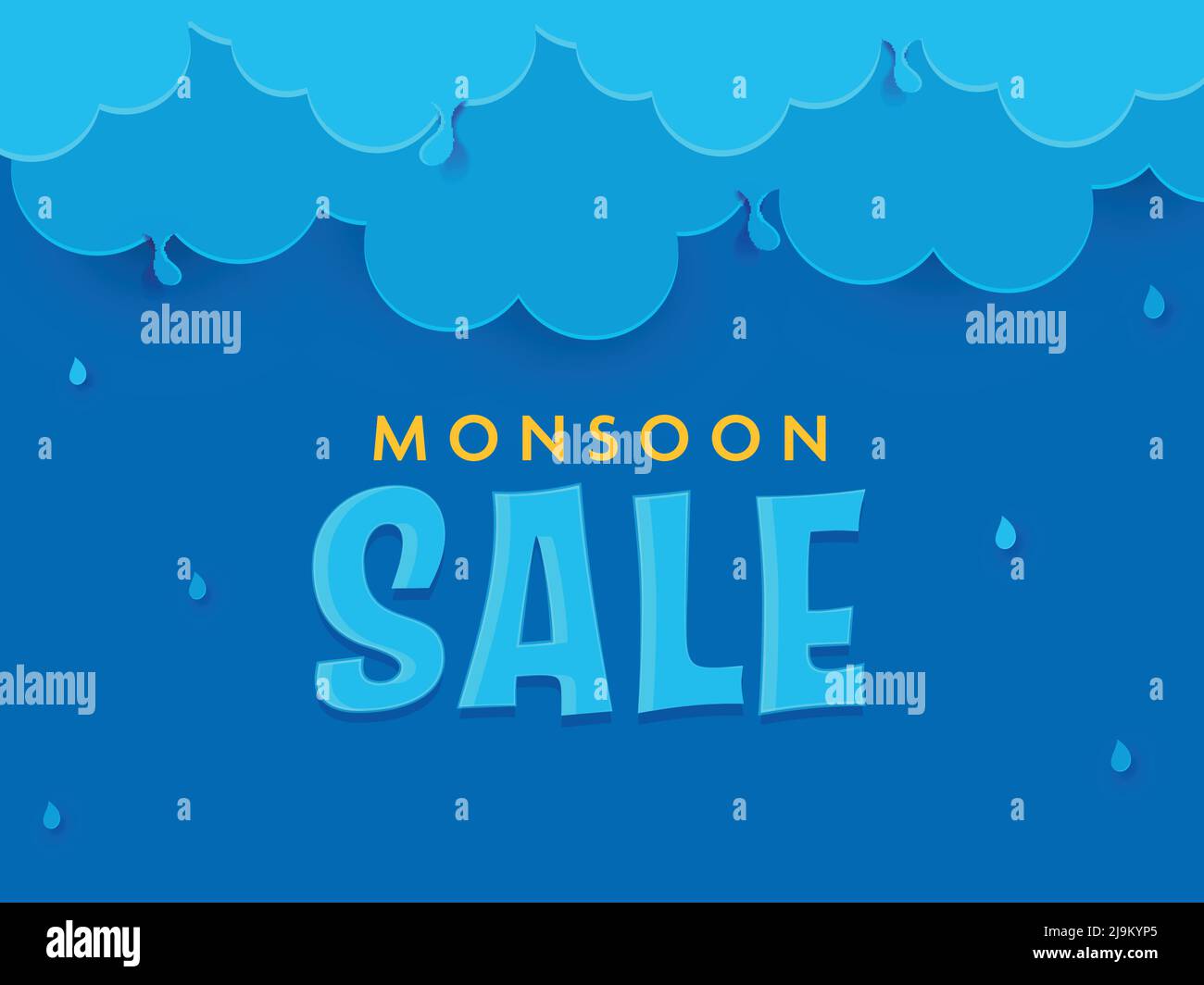 Monsoon Sale Poster Design With Paper Clouds And Water Drops On Blue ...