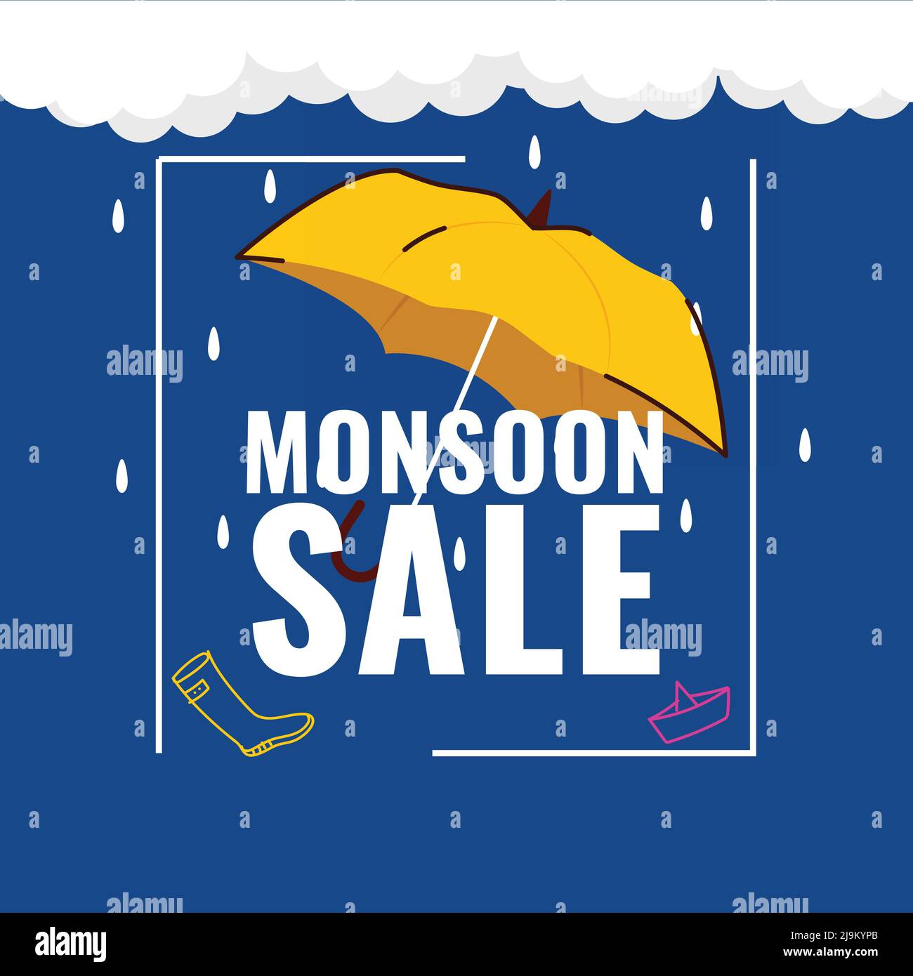 Monsoon Sale Poster Design With Umbrella, Boat, Paper Boat, Water Drops ...