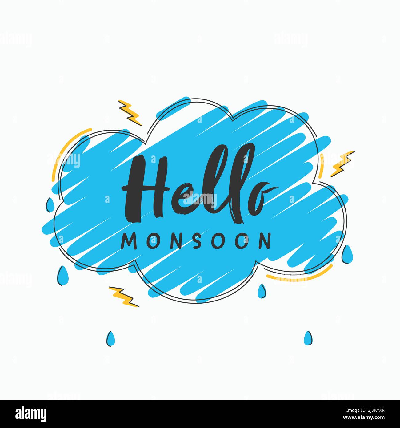 Hello Monsoon Lettering With Lightning Bolts, Water Drops And Blue ...