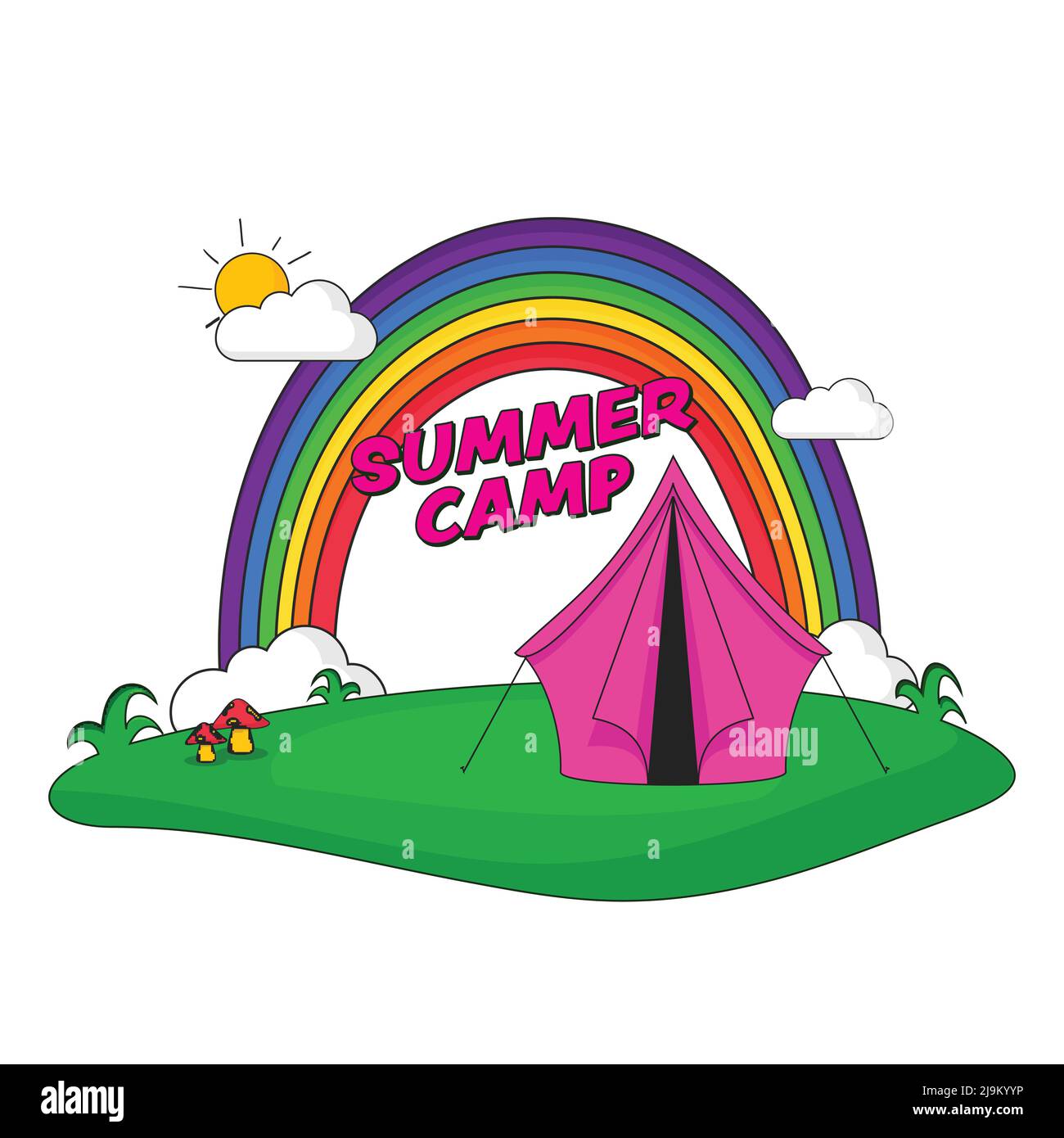 Summer Camp Poster Design With Tent, Rainbow, Sun, Cloud, Mushroom On ...