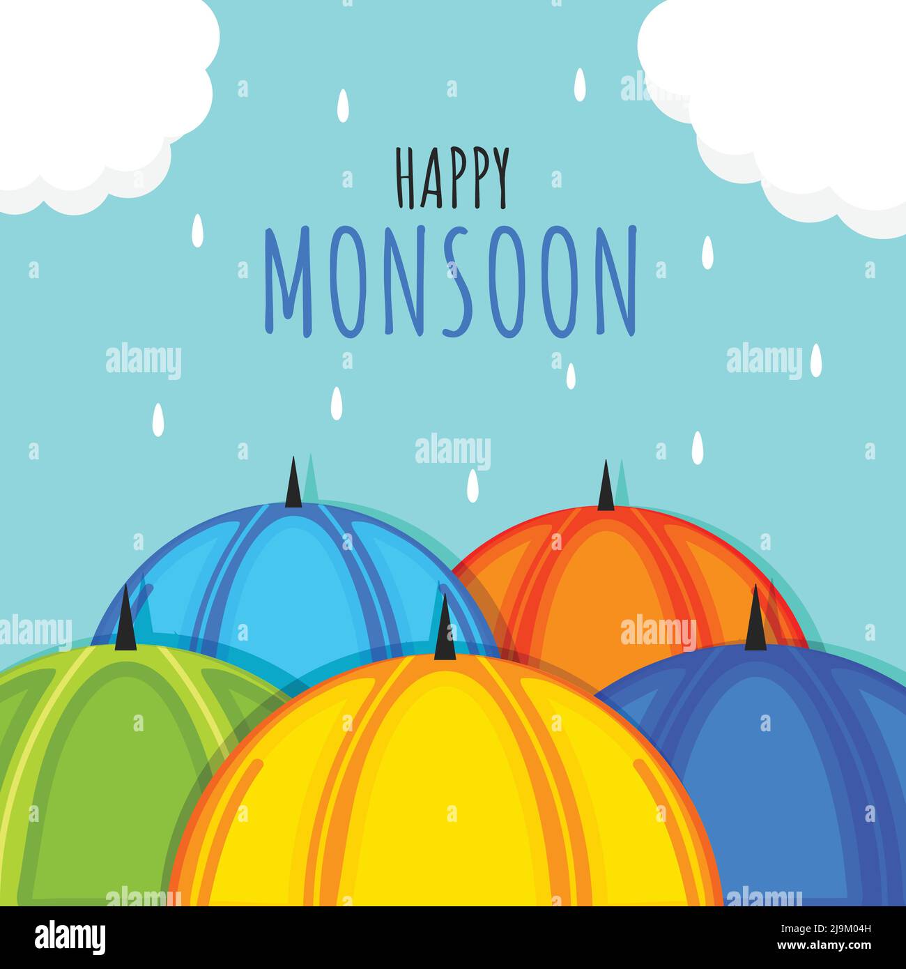Happy Monsoon Poster Design With Colorful Umbrella, Clouds And Drops On ...