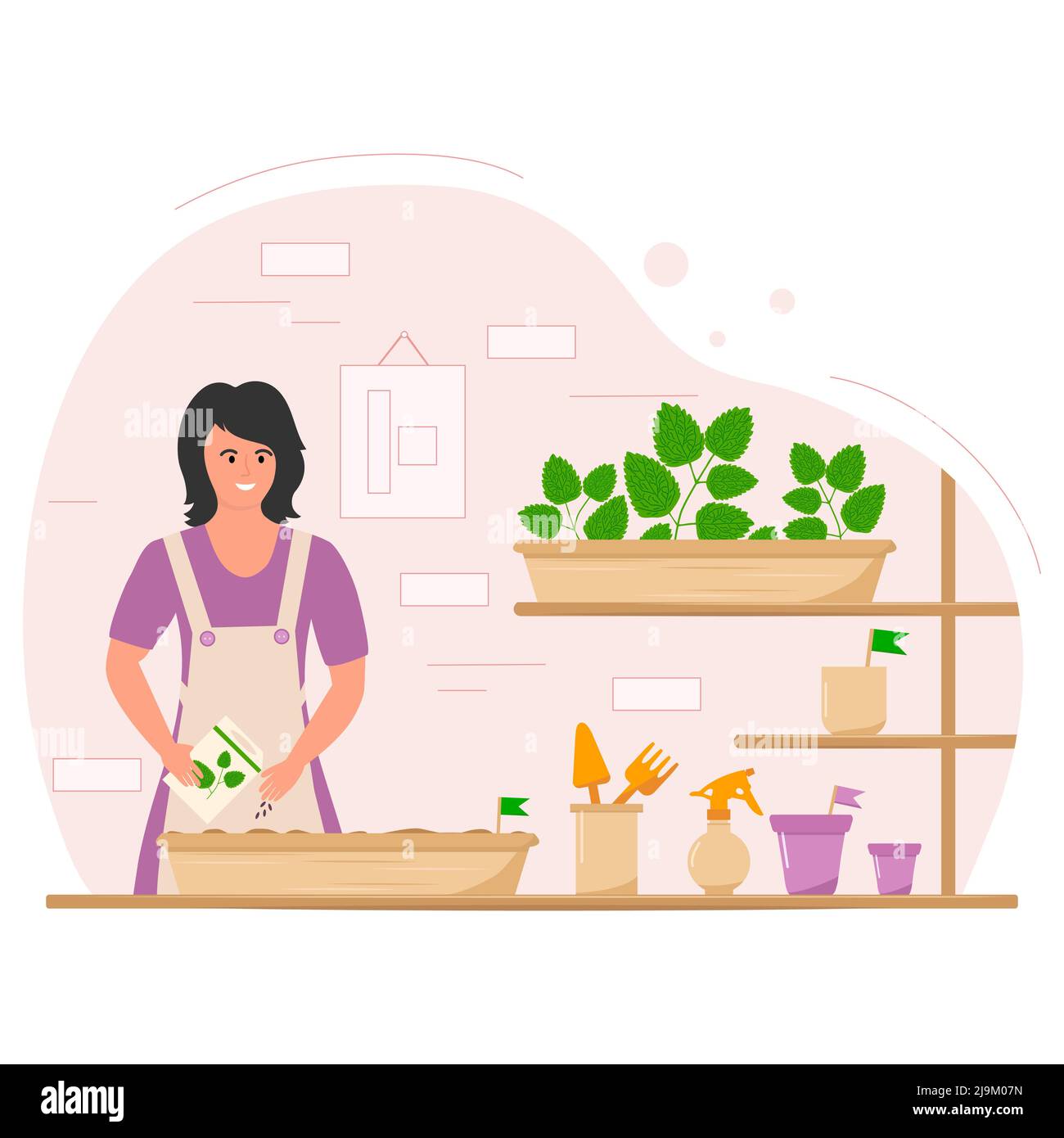 Vector illustration Woman sows seeds, grows plants in a pot. Home ...