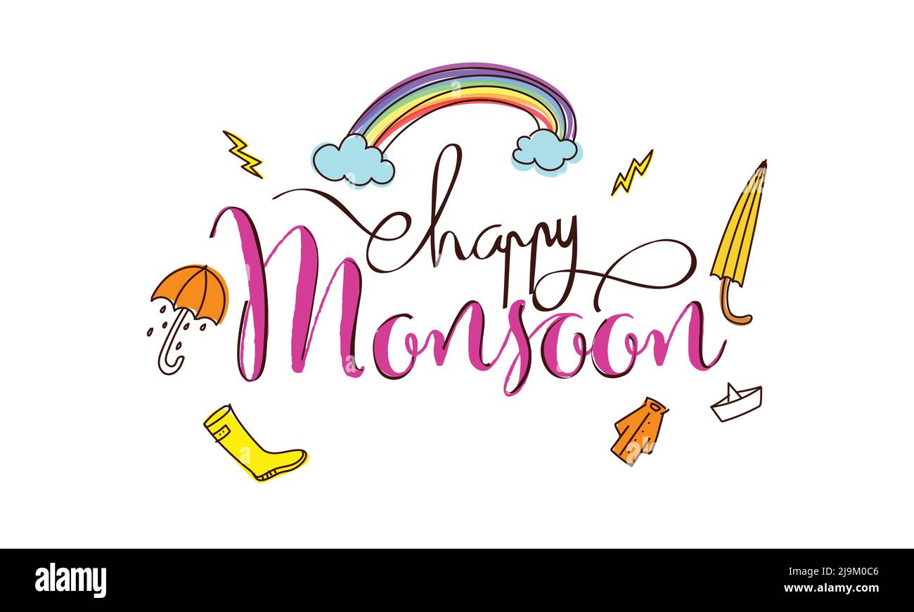 Happy Monsoon Calligraphy With Rainbow, Clouds, Umbrella, Boot ...