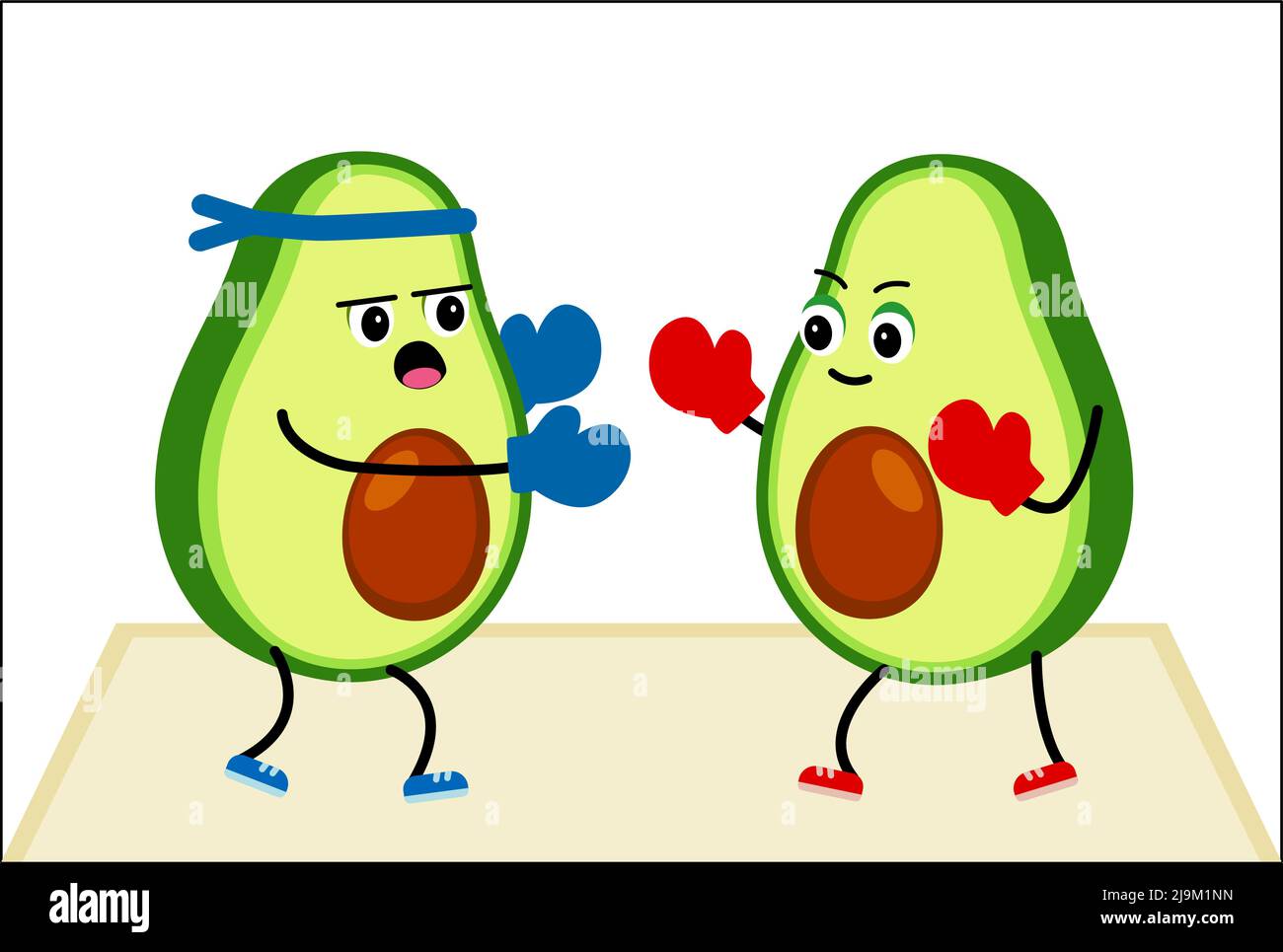 Cute Avocado character makes fighting in boxing gloves. Two avocados ...