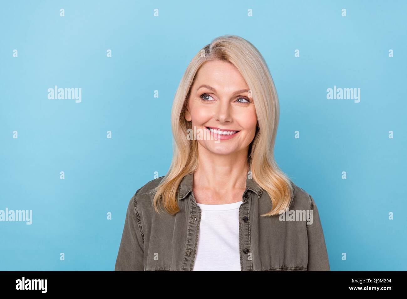 Photo of minded lady look empty space guess strategy start up ...