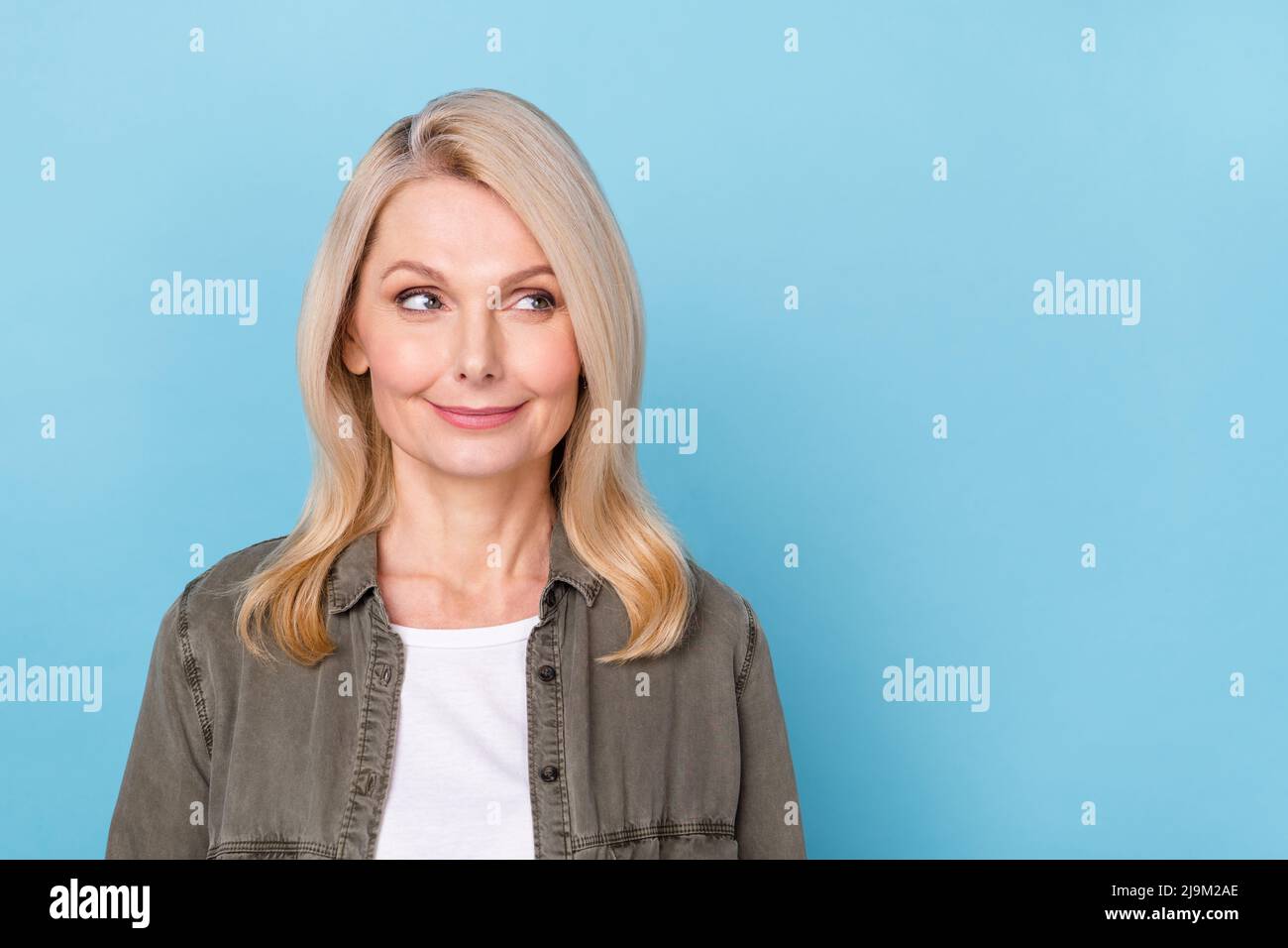 Portrait of sly tricky old lady look empty space decide how invest ...