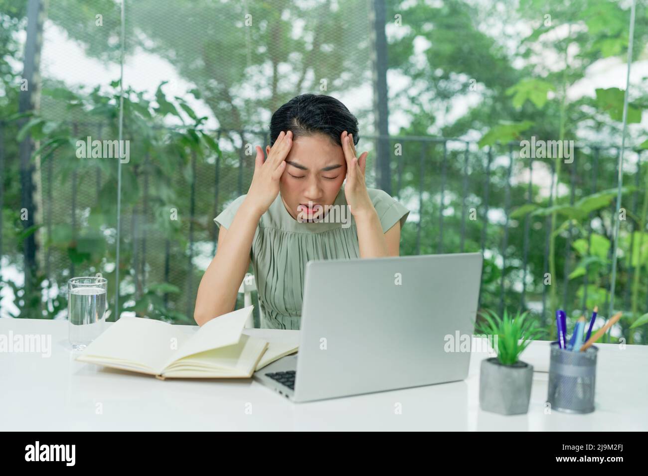 Stressed attractive lady annoyed by hard work task or system crash ...